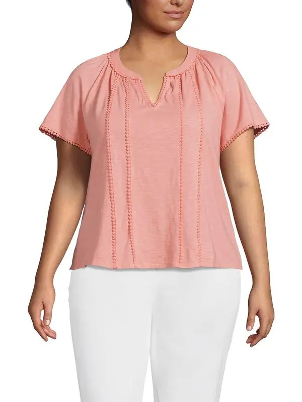 LANDS' END Slub Short Sleeve Notch Neck Top - Sunset Coral Pink