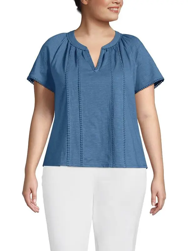 LANDS' END Slub Short Sleeve Notch Neck Top - Teal Blue Ocean