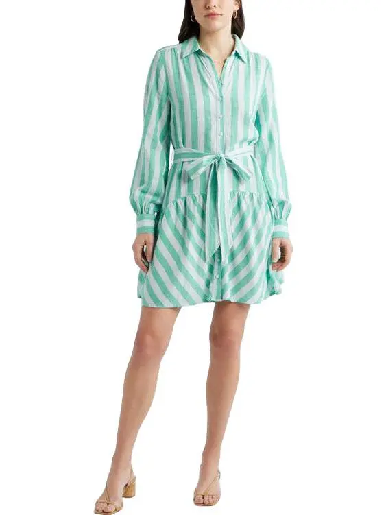Caslon Long Sleeve Linen Blend Mini Shirtdress - Blue- Green Cabana Stripe