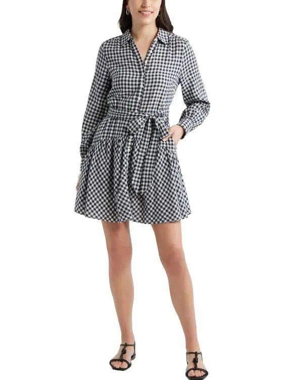 Caslon Long Sleeve Linen Blend Mini Shirtdress - Navy Still- Ivory Bea Gingham