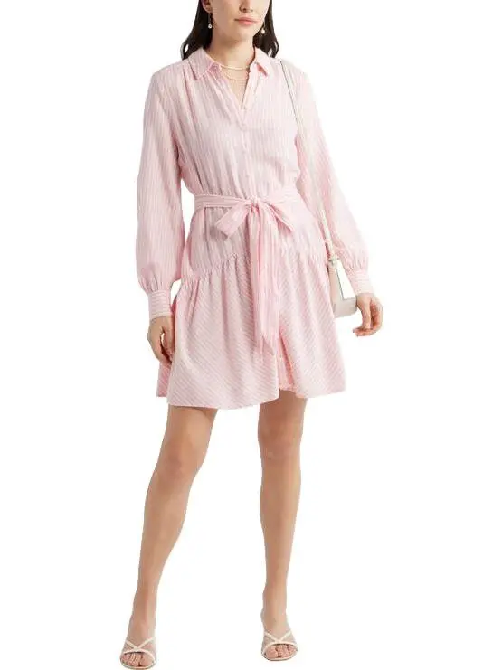 Caslon Long Sleeve Linen Blend Mini Shirtdress - Pink- Ivory Penny Stripe