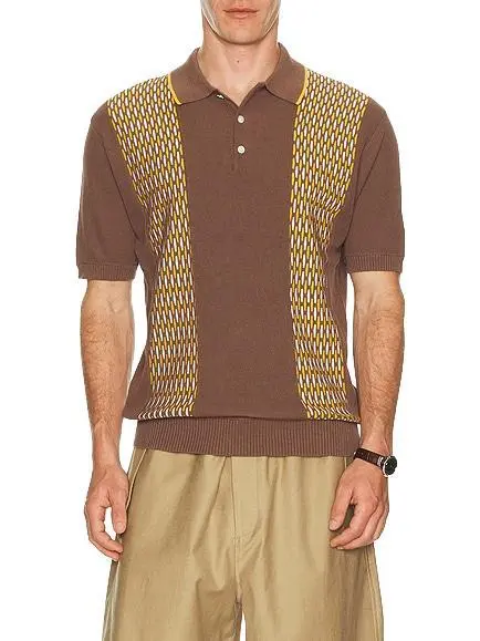 BEAMS Knit Polo Front Stripe Jacquard - Brown