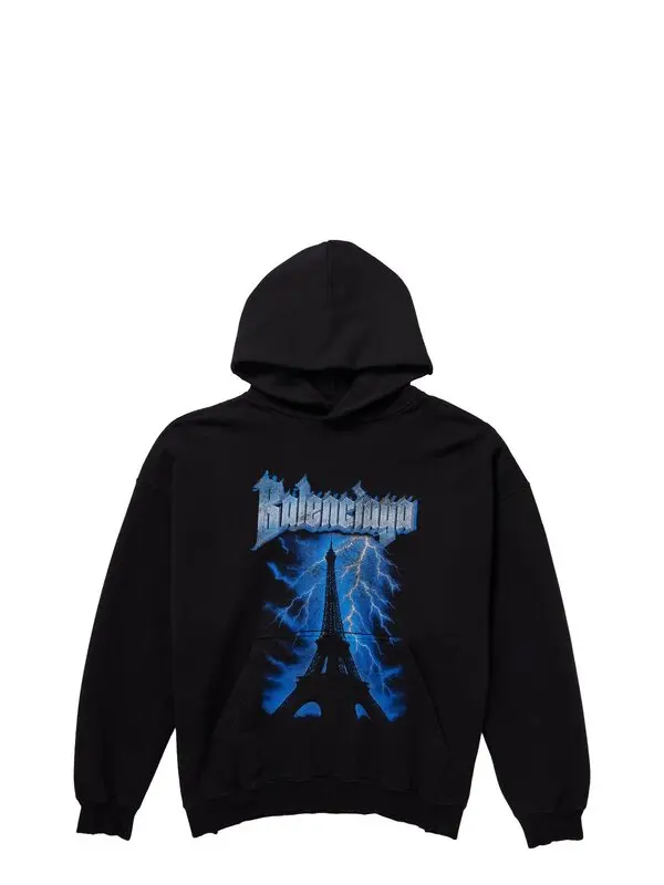 Balenciaga Paris Thunderstorm Distressed Logo-print Cotton-jersey Hoodie - Black