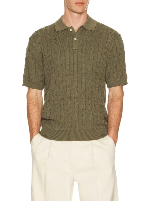 BEAMS Knit Polo Cable In Green - Olive