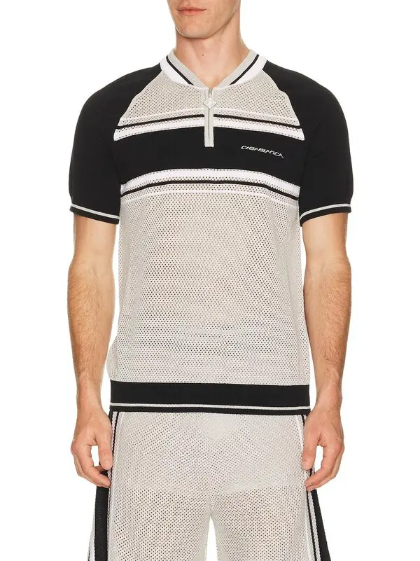 Casablanca Metallic Mesh Stripe Zip Polo - Silver & Black
