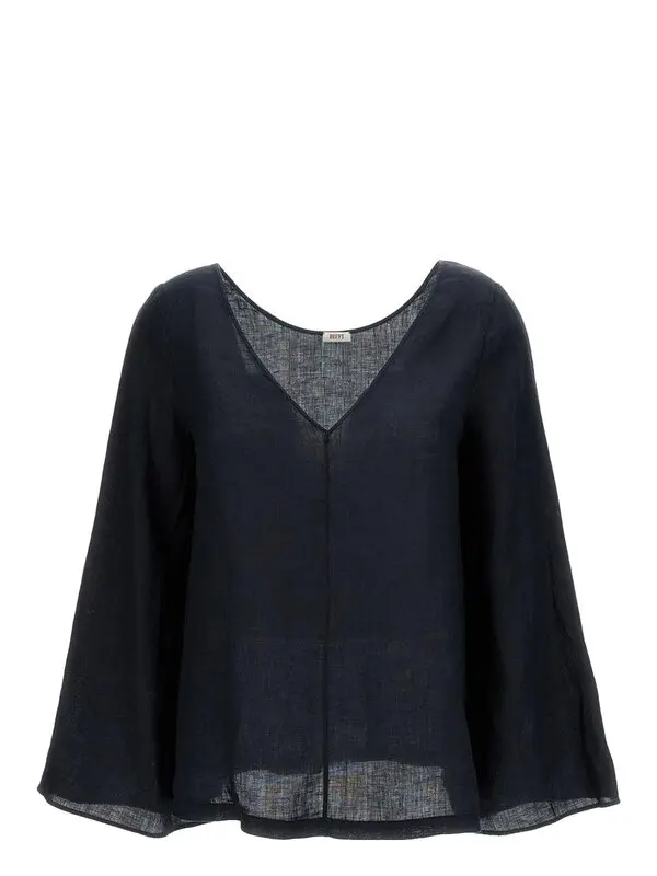 BIFFI V-neck Linen Top - Blue