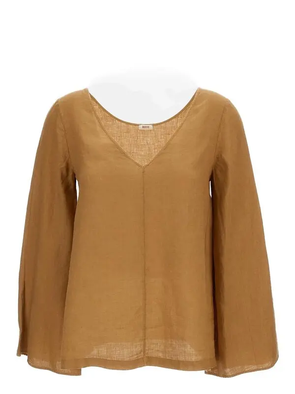 BIFFI Long-sleeve V-neck Linen Top - Brown