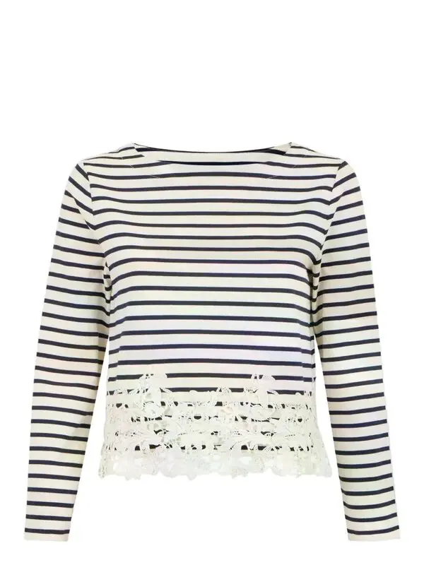 Veronica Beard Striped Lace-detail T-shirt - Neutrals
