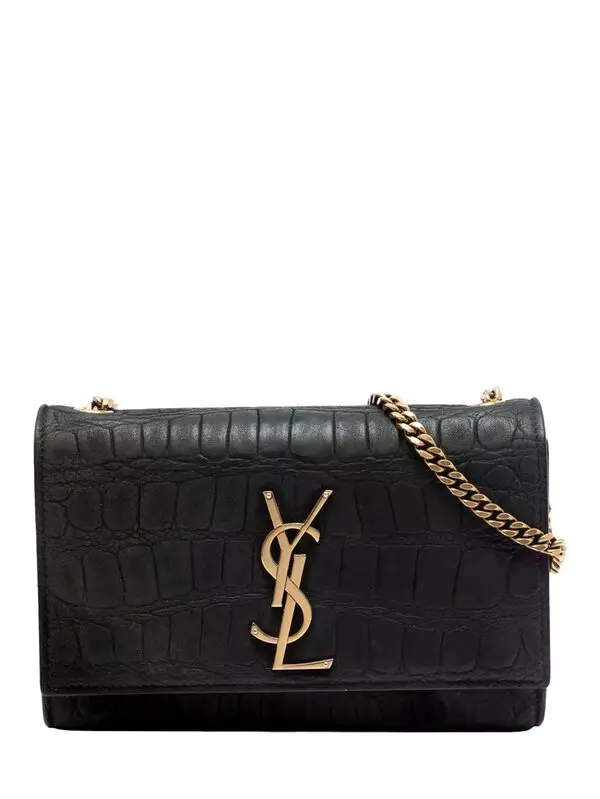 Saint Laurent Small Croc Embossed Nubuck Monogram Kate Crossbody Bag - Grey