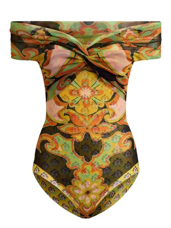 Etro Tulle Bodysuit With Open Shoulders And Placed Floral Print - Green