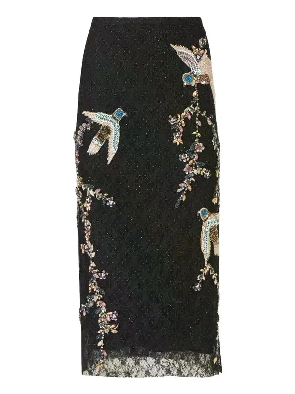 Costarellos Corded-lace Bird-appliqué Midi Skirt - Black