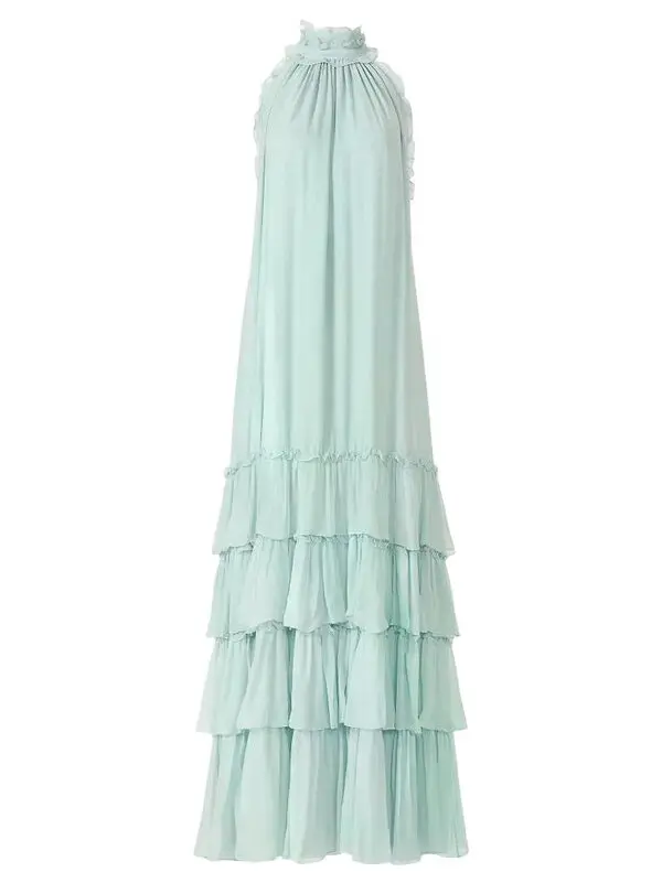 Costarellos Dassa Ruffled Silk Maxi Dress - Green