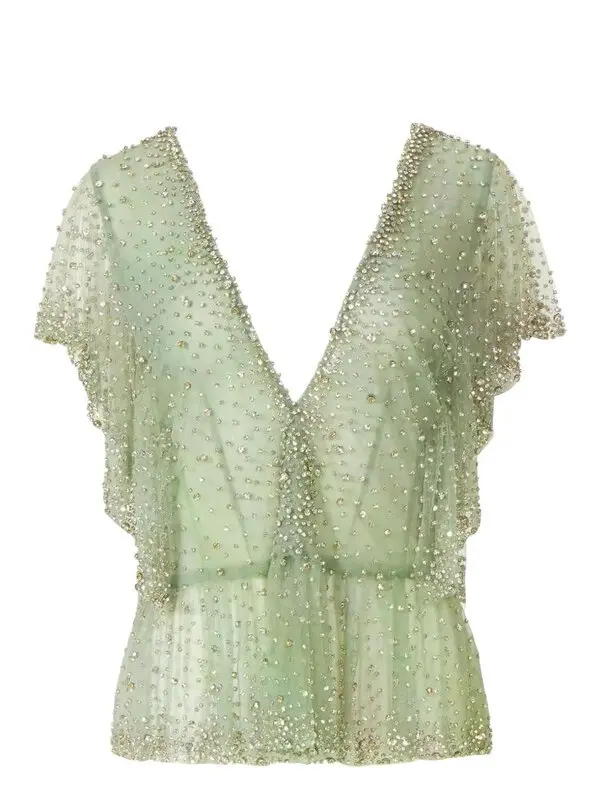 Costarellos Aletta Crystal Peplum Top - Green