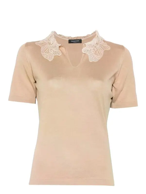 Fabiana Filippi Lace-detail V-neck T-shirt - Brown