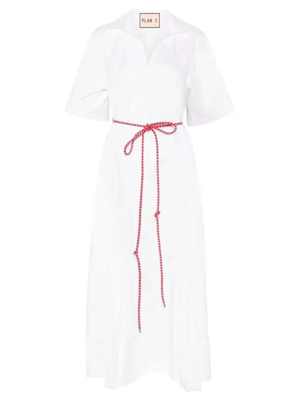 Plan C Short-sleeve Belted Midi Dress - White
