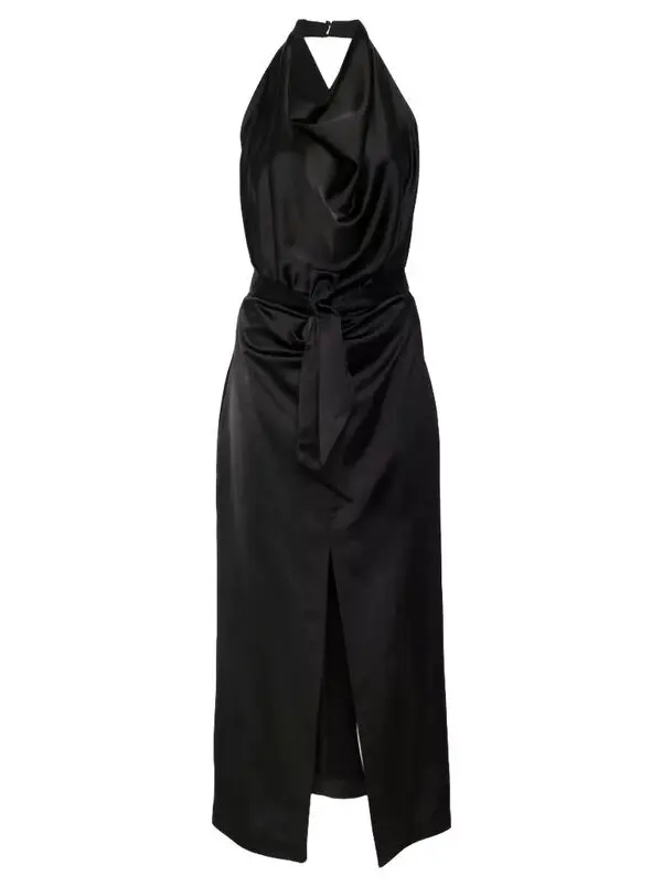 Imperial Tie-waist Slit Midi Dress - Black