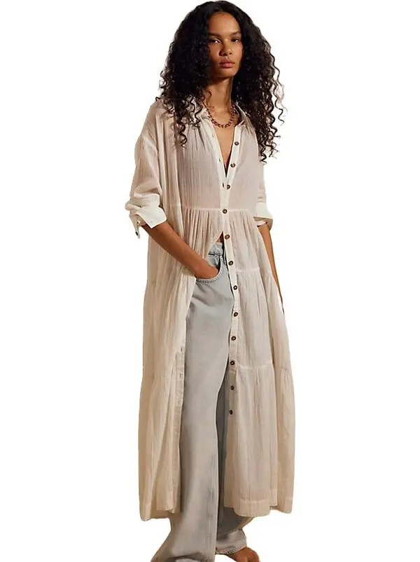 Free People Cotton Crinkle Midi Shirt Dress - Clean Ivory