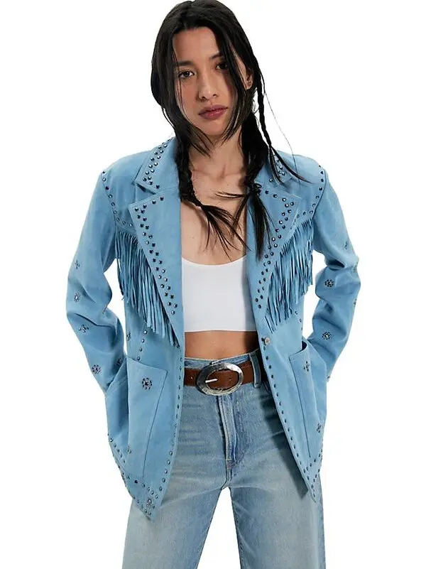 Free People Suede Studded Blazer - Pearl Blue