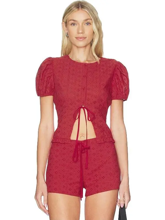 Lioness Eyelet Embroidered Poplin Top - Red