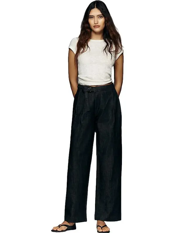 Maeve Belted Pleated High-rise Wide-leg Jeans - Dark Denim