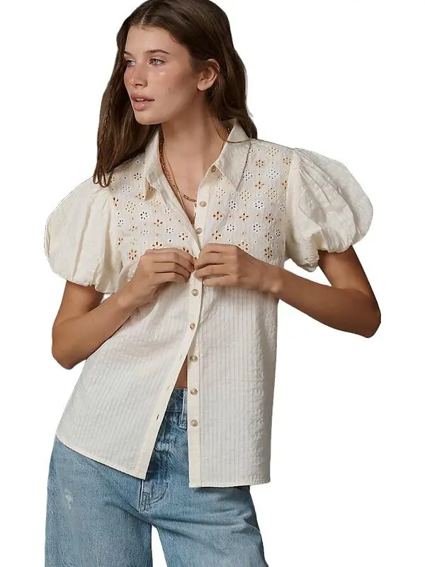 PILCRO The Aly Eyelet Puff-sleeve Blouse - Ivory