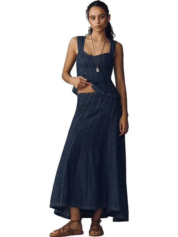 Anthropologie Swirled Denim Maxi Skirt - Medium Denim