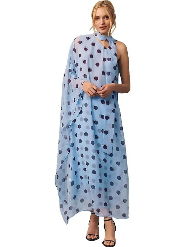 Endless Rose Polka Dot One-shoulder Maxi Dress - Powder Blue/brown