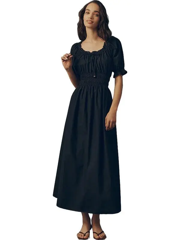 EXQUISE Smocked Puff Sleeve Midi Dress - Solid Black