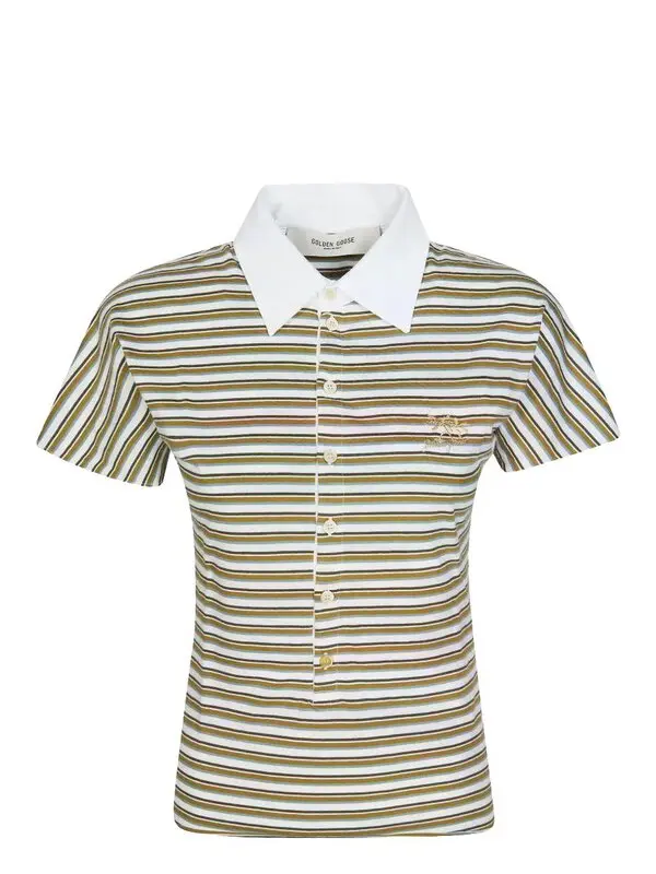 GOLDEN GOOSE Striped Cotton Jersey Polo Top With Kimono Sleeves - Neutrals