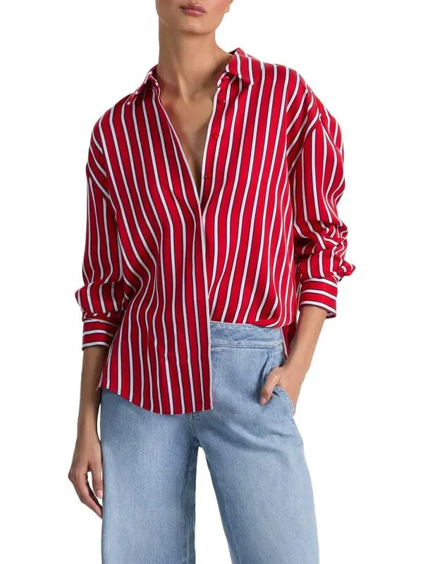 Alice + Olivia Dimitra Oversized Striped Button-up Shirt - Teakwood Chili Pepper