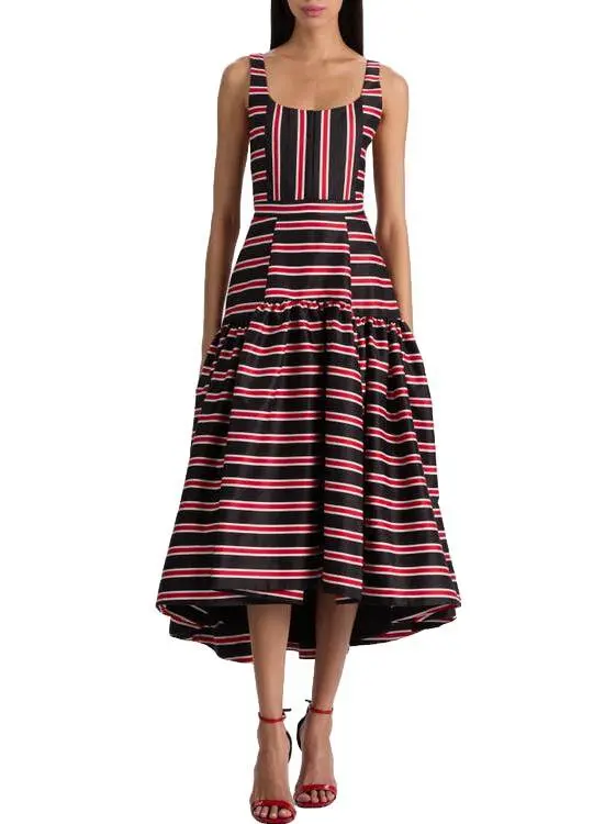 Alice + Olivia Diana Directional Stripe Cotton Blend Dress - Teakwood Stripe Large Black