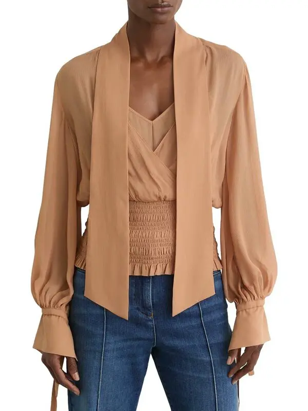 REISS Phoebe Tie-neck Smock Top - Rust Orange