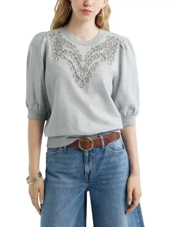 Treasure & Bond Embroidered Puff Sleeve Sweatshirt - Grey Heather Embroidery