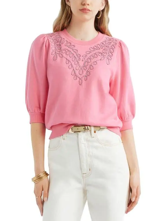 Treasure & Bond Embroidered Puff Sleeve Sweatshirt - Pink Lemonade Embroidery