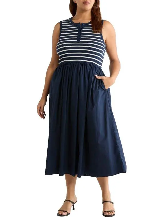 Caslon Mixed Media Henley Midi Dress - Navy Still- Ivory Gabe Stripe