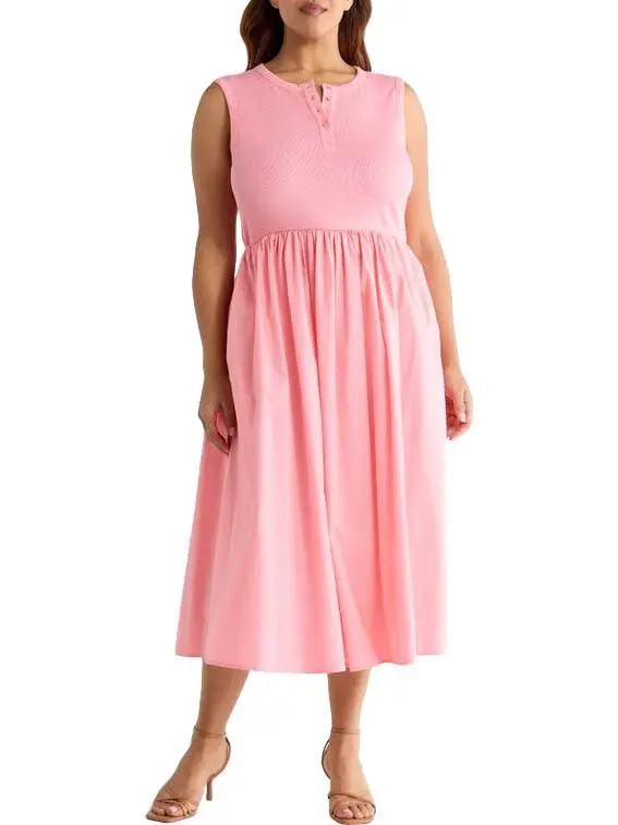 Caslon Mixed Media Henley Midi Dress - Pink Dianthus