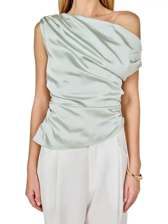 Endless Rose One-shoulder Ruched Satin Top - Sage