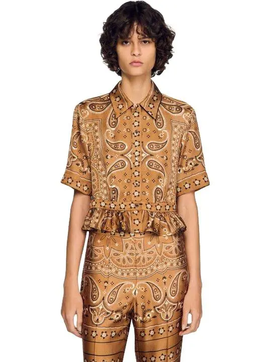 Sandro Bandana Print Cropped Shirt - Brown/black