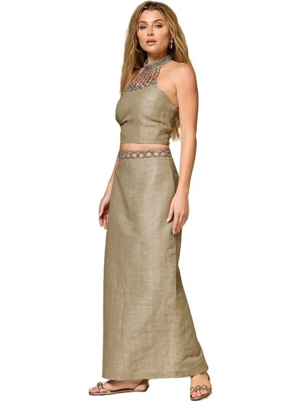 BTB LOS ANGELES Clarissa Embellished Maxi Skirt - Olive