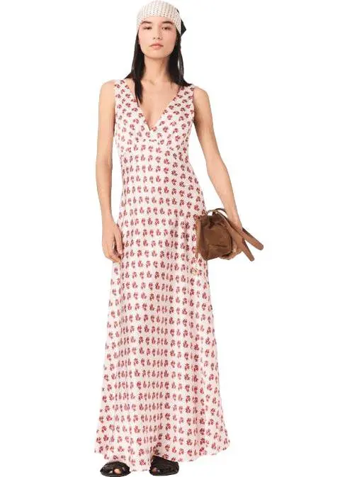 Maje Floral Print Silk Maxi Dress - Red Small Flowers Print