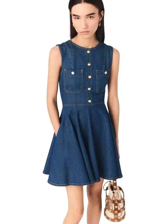 Maje Short Flared Denim Dress - Navy