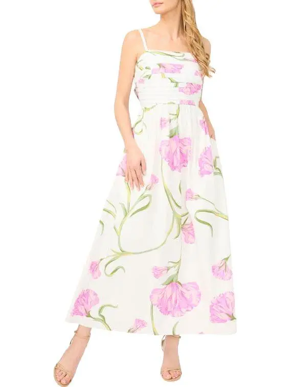 Halogen Floral Pleated Bodice Tie Back Midi Dress - New Ivory