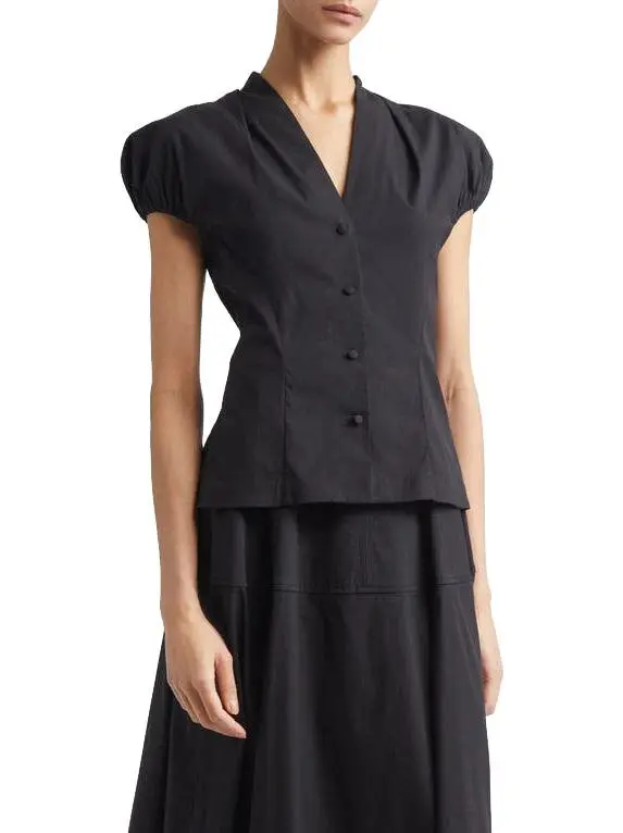 Lela Rose Cotton Poplin V-neck Button-up Shirt - Black