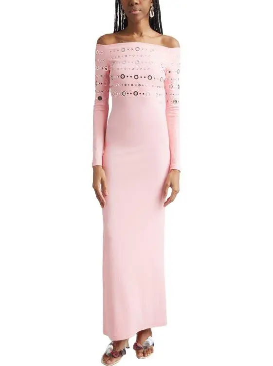 Rabanne Embellished Off-the-shoulder Long-sleeve Jersey Dress - Fluo Pink