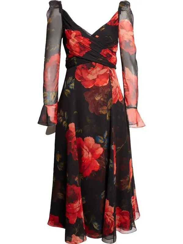 Carolina Herrera Rose Print Silk Chiffon Midi Dress - Black Multi