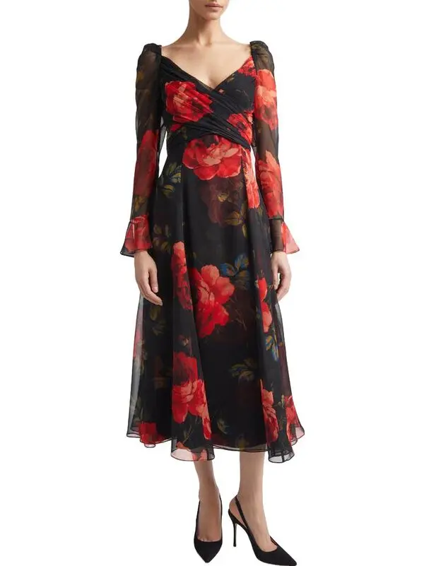 Carolina Herrera Rose Print Silk Chiffon Midi Dress - Black Multi