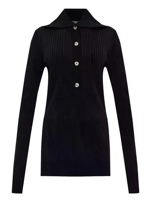 ENTIRE STUDIOS Ribbed Knit Button-up Polo Top - Black