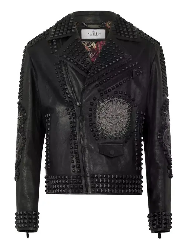 Philipp Plein Studs Embroidered Leather Biker Jacket - Black