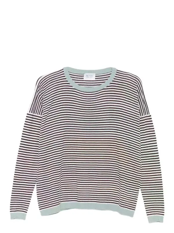 BEYOU Striped Round-neck Sweater - Brown