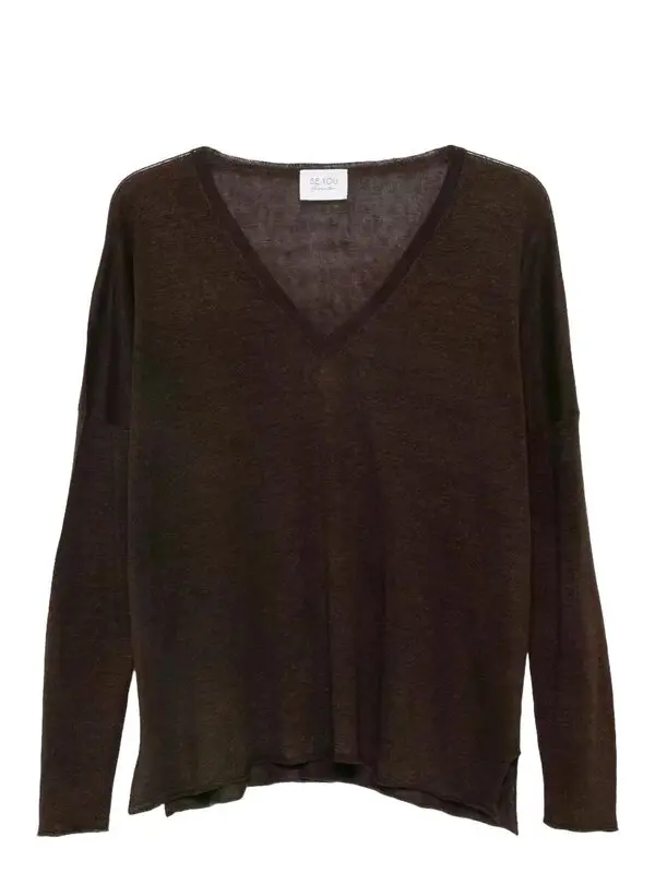BEYOU V-neck Long Sleeve Sweater - Brown